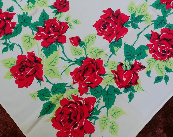 Vintage Tablecloth 1950s Mid Century Wilendur? American Beauty Rose Red ...