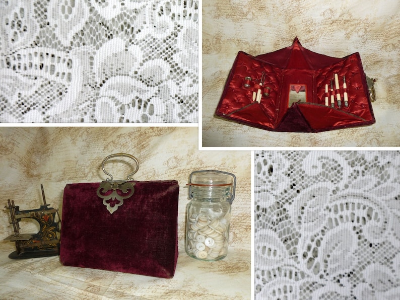19c. Victorian Sewing Basket Antique Sewing Kit Velvet Box Silk Tufted ...