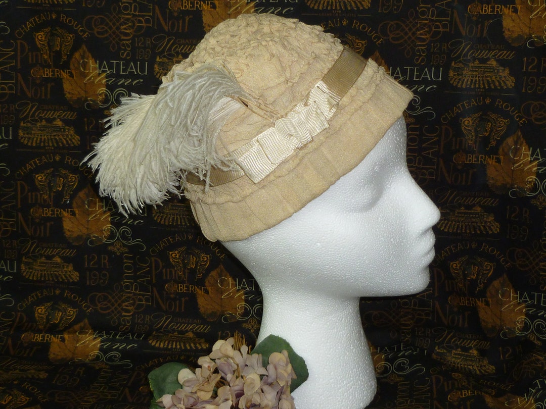 1920s Antique Hat Silk Wedding Cap-bonnet-ostrich Feather Satin Ribbon ...