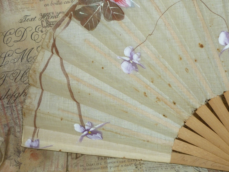Antique Vintage Hand Painted Fan-cotton Linen- Flowers Folding Fan ...
