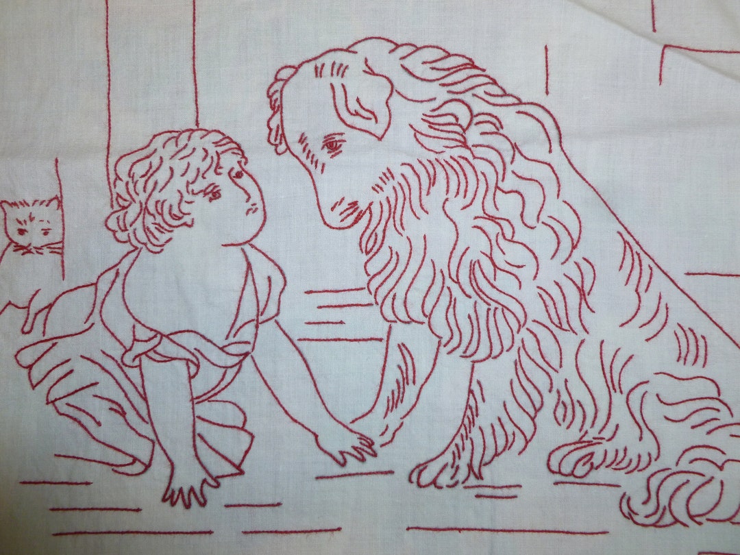 Antique Victorian Redwork Tapestry Linen Child Dog Playing - Etsy