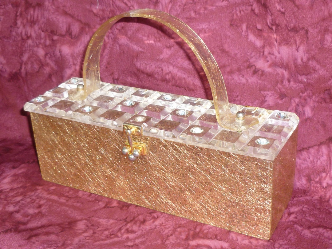 Vintage Lucite Purse 1950s Designer Clear Gold Box Purse Rhinestones W ...