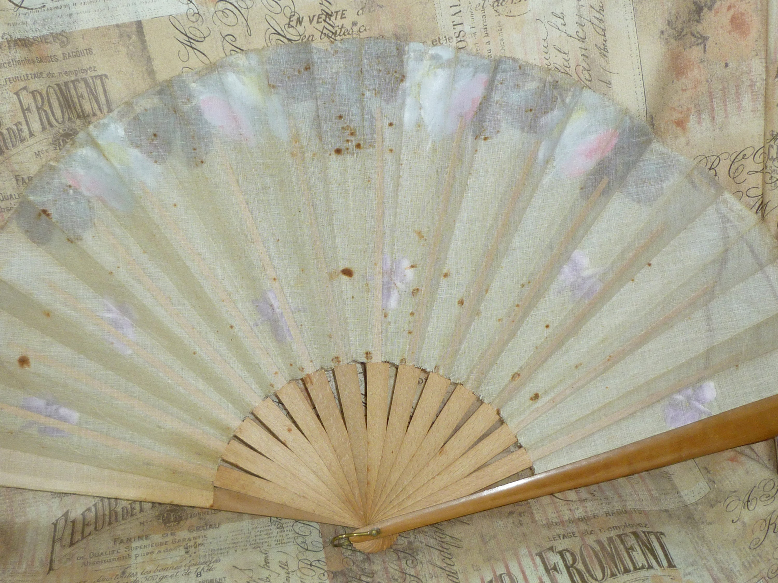 Antique Vintage Hand Painted Fan-cotton Linen- Flowers Folding Fan ...