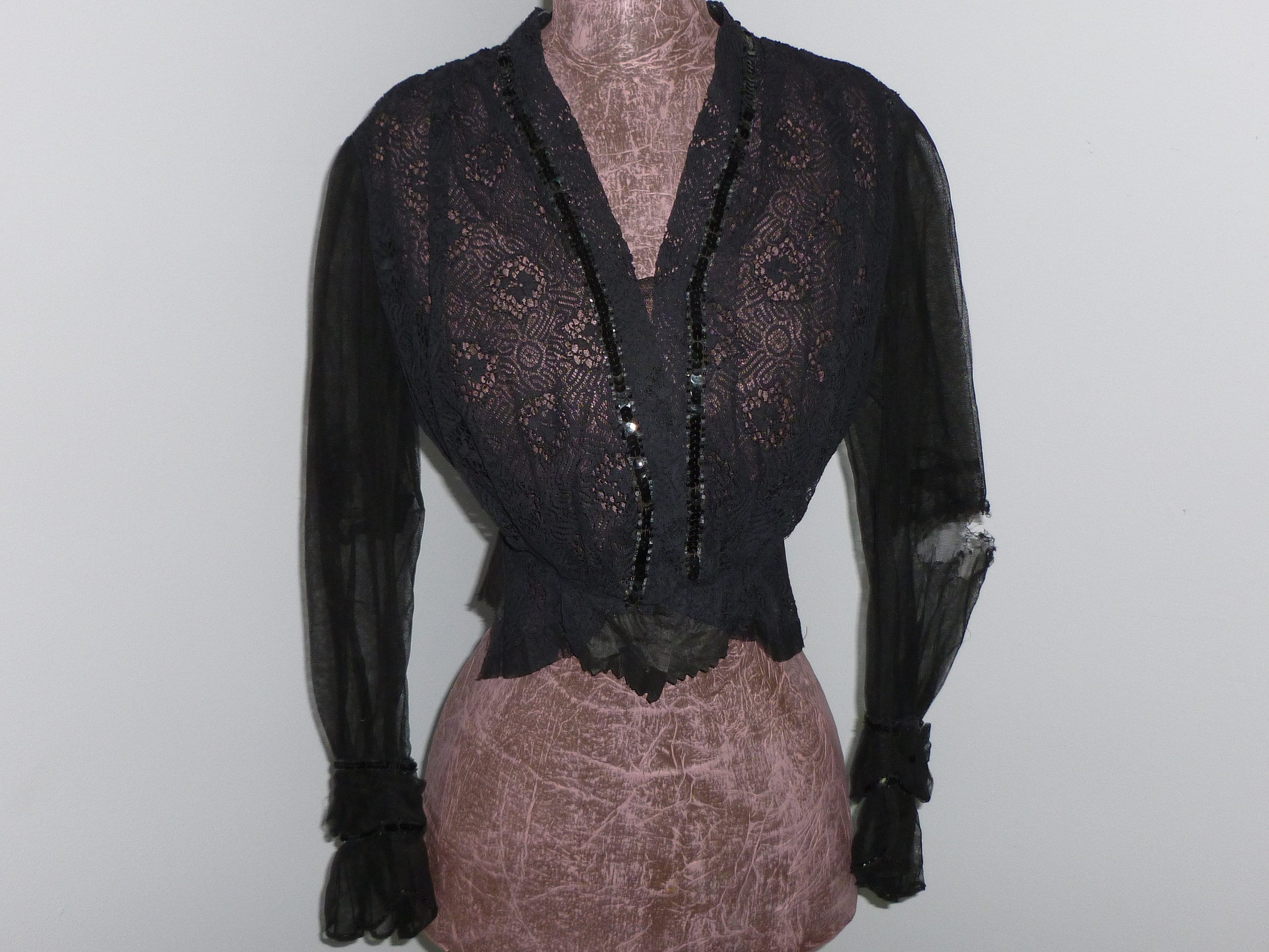 Antique Victorian Edwardian Bodice Vintage Floral Beaded Lace-mourning ...