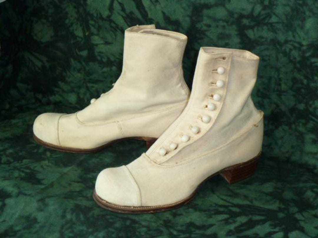 Antique Boots Victorian Edwardian Button Boots Young Adult Children's Shoes White Canvas ...