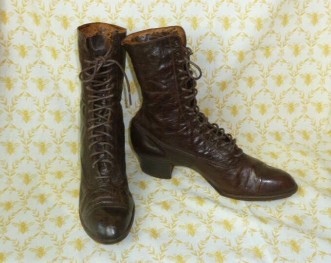 Knee High Boots , Embossed Leather Brown Boots , 1900's Style Boots ...