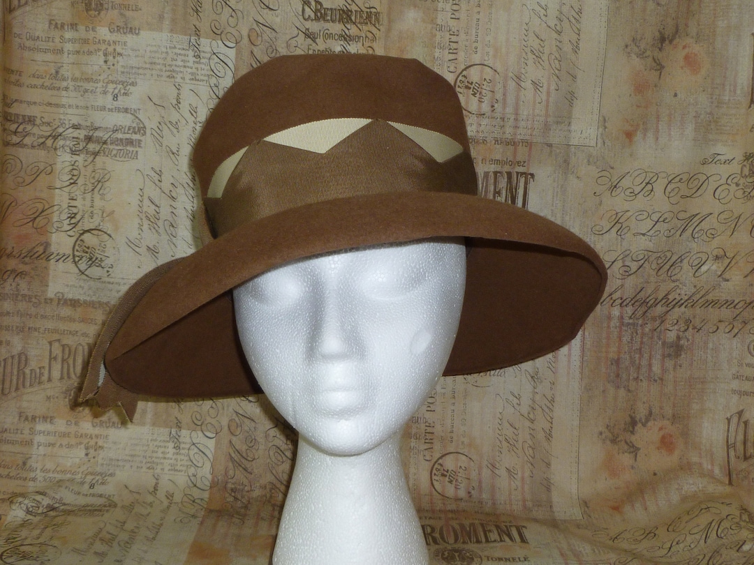 Chic Vintage Hat by Coralie Bell Shape Hat Wide Brim Sun Derby Brown Wool Felt Stage Photo Prop ...