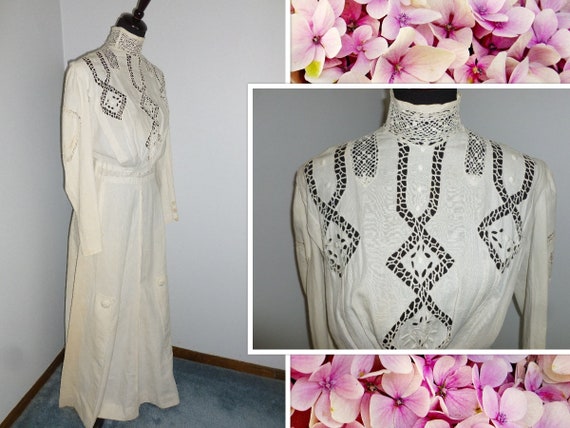 Antique Edwardian Linen Dress Handmade Embroidered Bo… - Gem