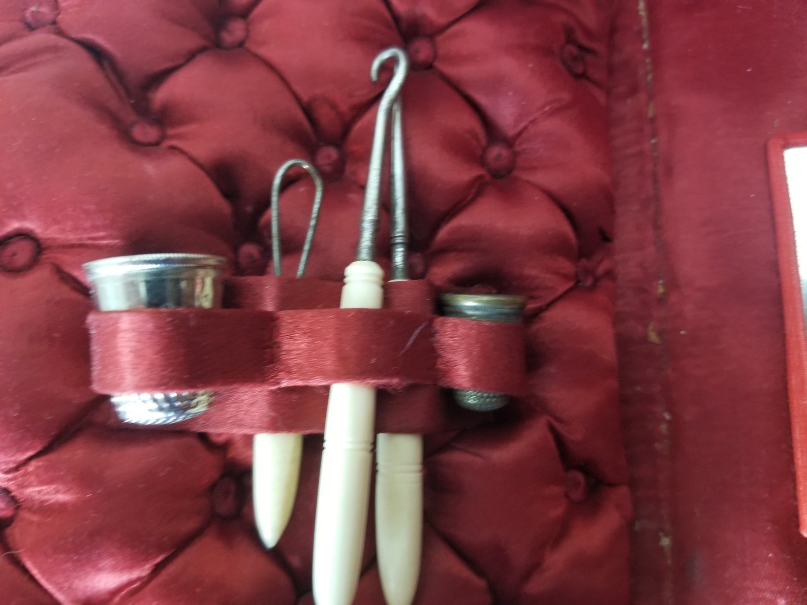 19c. Victorian Sewing Basket Antique Sewing Kit Velvet Box Silk Tufted ...