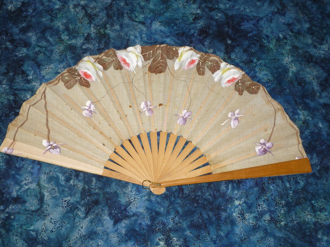 Antique Vintage Hand Painted Fan-cotton Linen- Flowers Folding Fan ...