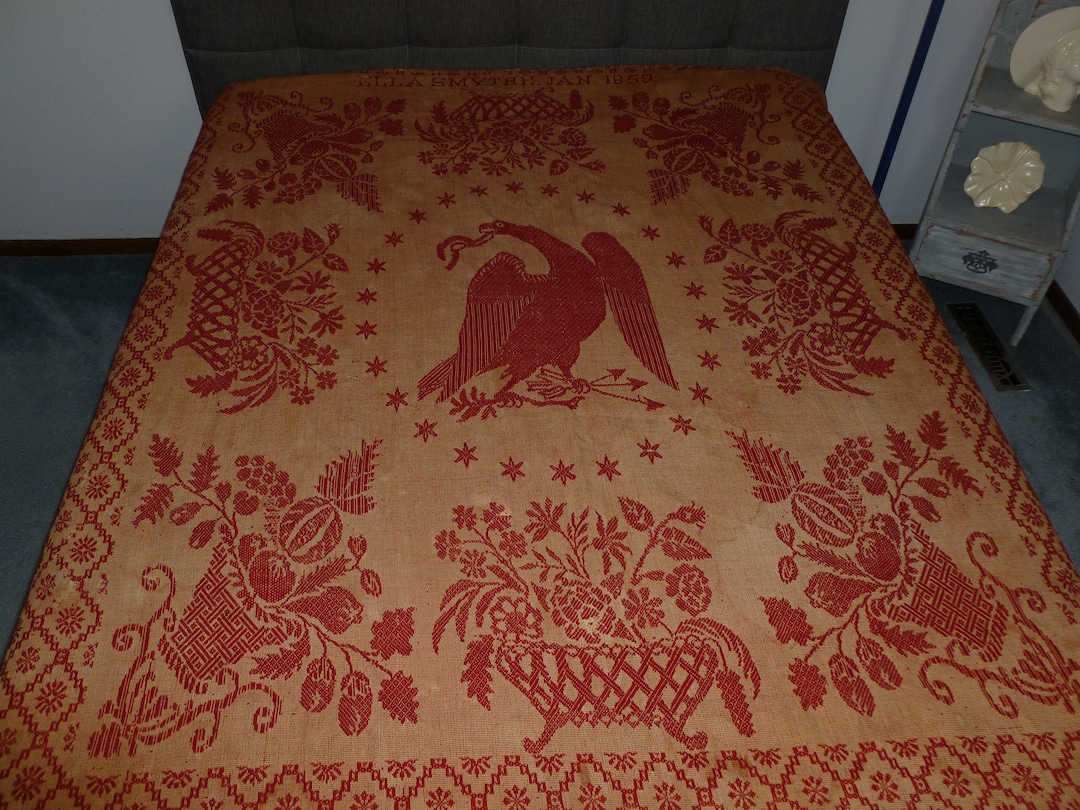 Antique C1859 Signed Jacquard Coverlet American Eagle Red Tan Hand ...