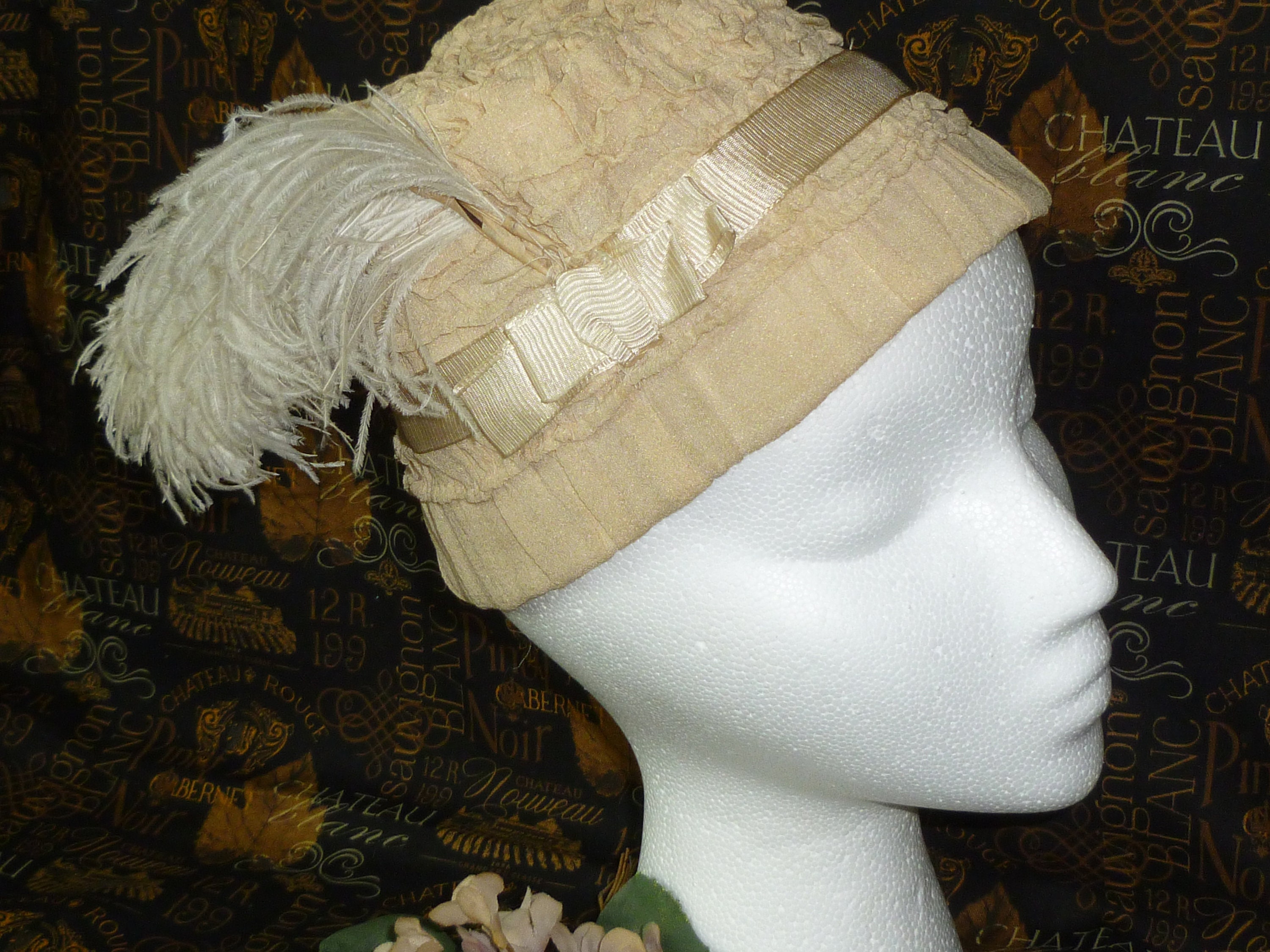 1920s Antique Hat Silk Wedding Cap-bonnet-ostrich Feather Satin Ribbon ...