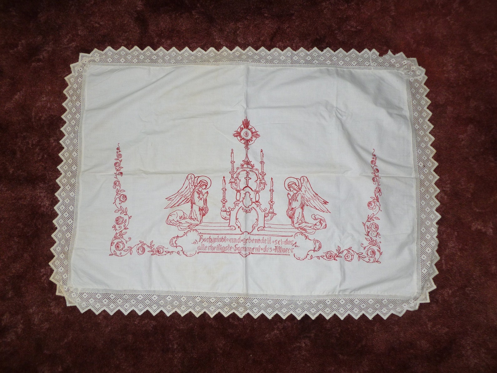 Antique German Alter Cloth Red Work Hand Embroidery Angels Religious ...