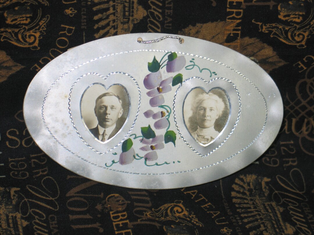 Antique Victorian Picture Frame Silver Metal-hand Painted Double Heart ...