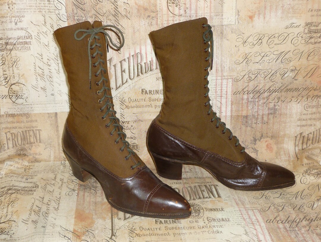 Antique Boots Victorian Edwardian Womans Brown Tutone Leather Wool/silk ...