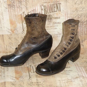 Antique Boots Victorian Edwardian Button Tu-tone Boots Black Leather ...