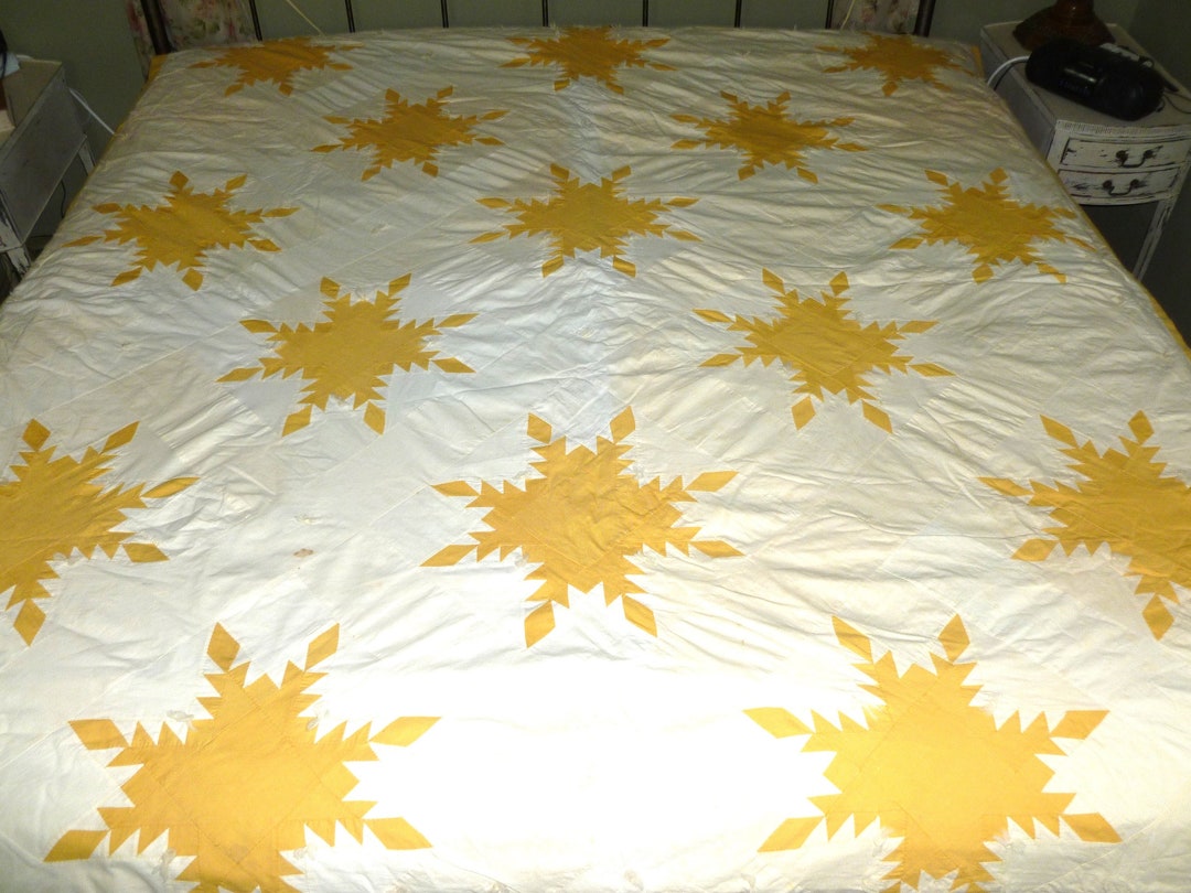 AMAZING Antique 8 Point Snowflake Star Quilt Cheddar Yellow White ...