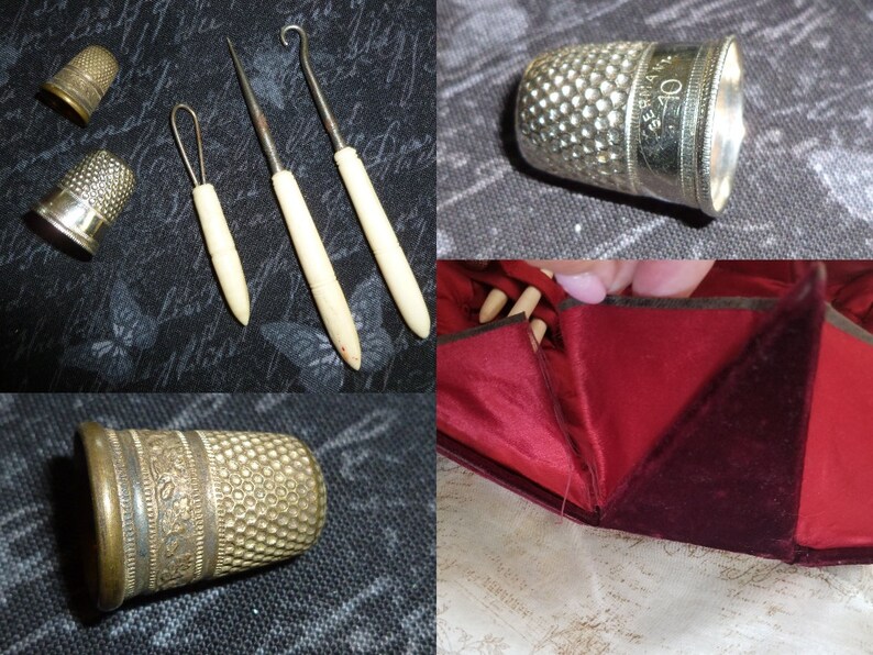 19c. Victorian Sewing Basket Antique Sewing Kit Velvet Box Silk Tufted ...
