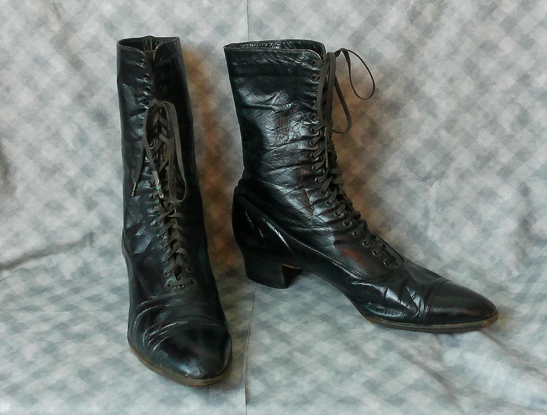 Antique Boots Victorian Edwardian Womans Black Leather High Top Lace up ...
