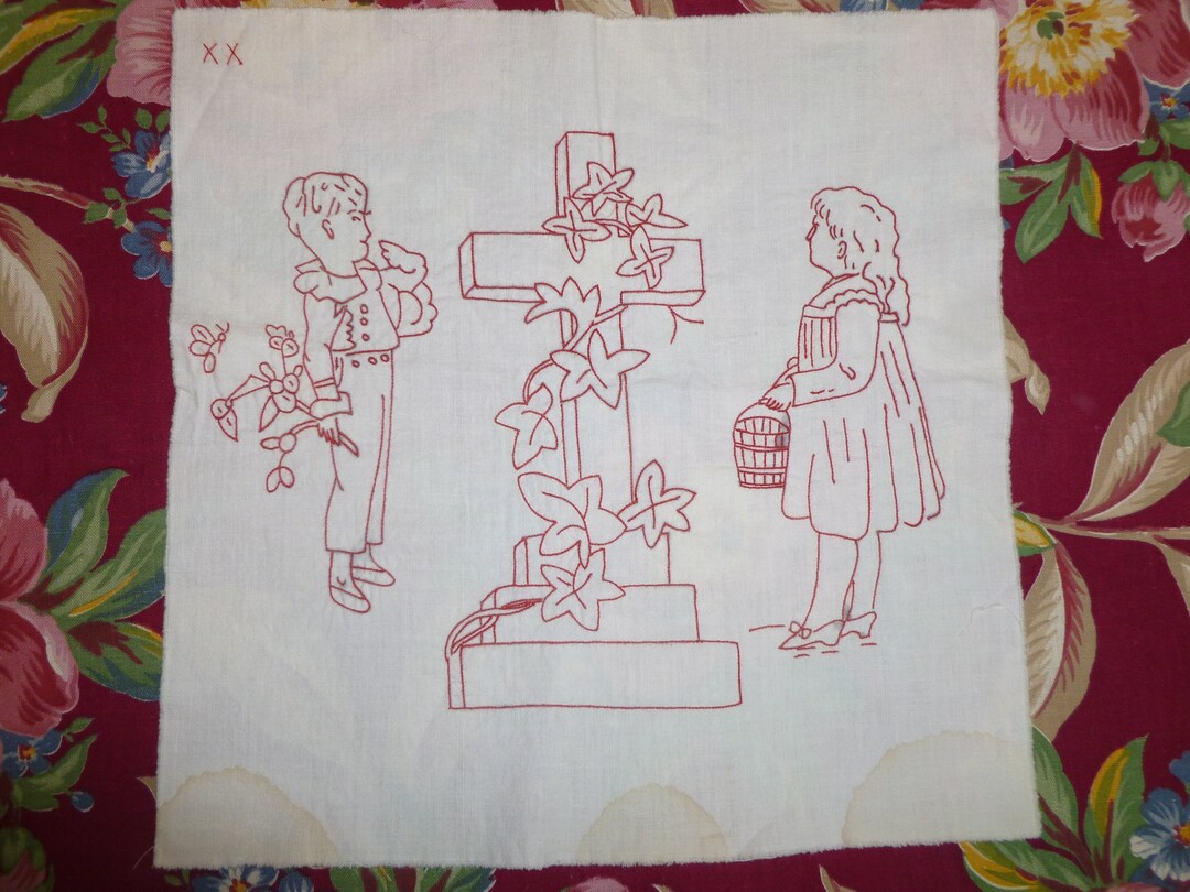 Antique Victorian Redwork Tapestry Linen Cross Children Hand Embroidery ...