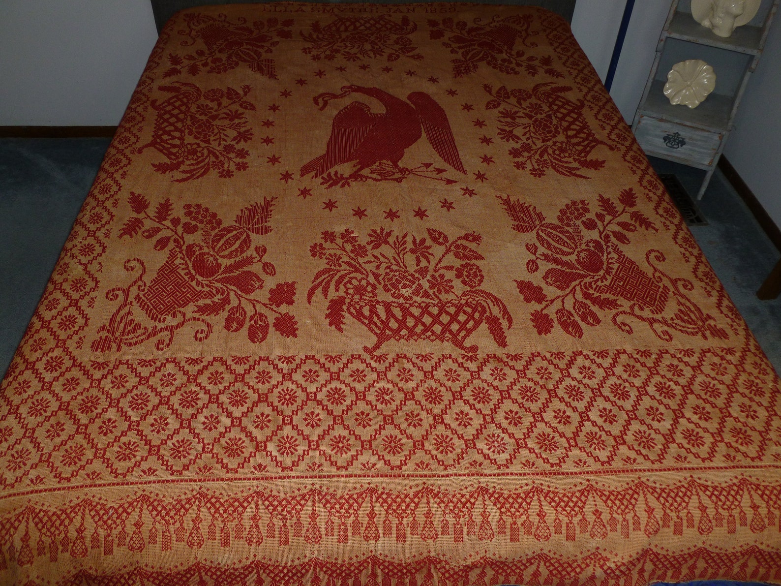 Antique C1859 Signed Jacquard Coverlet American Eagle Red Tan | Etsy