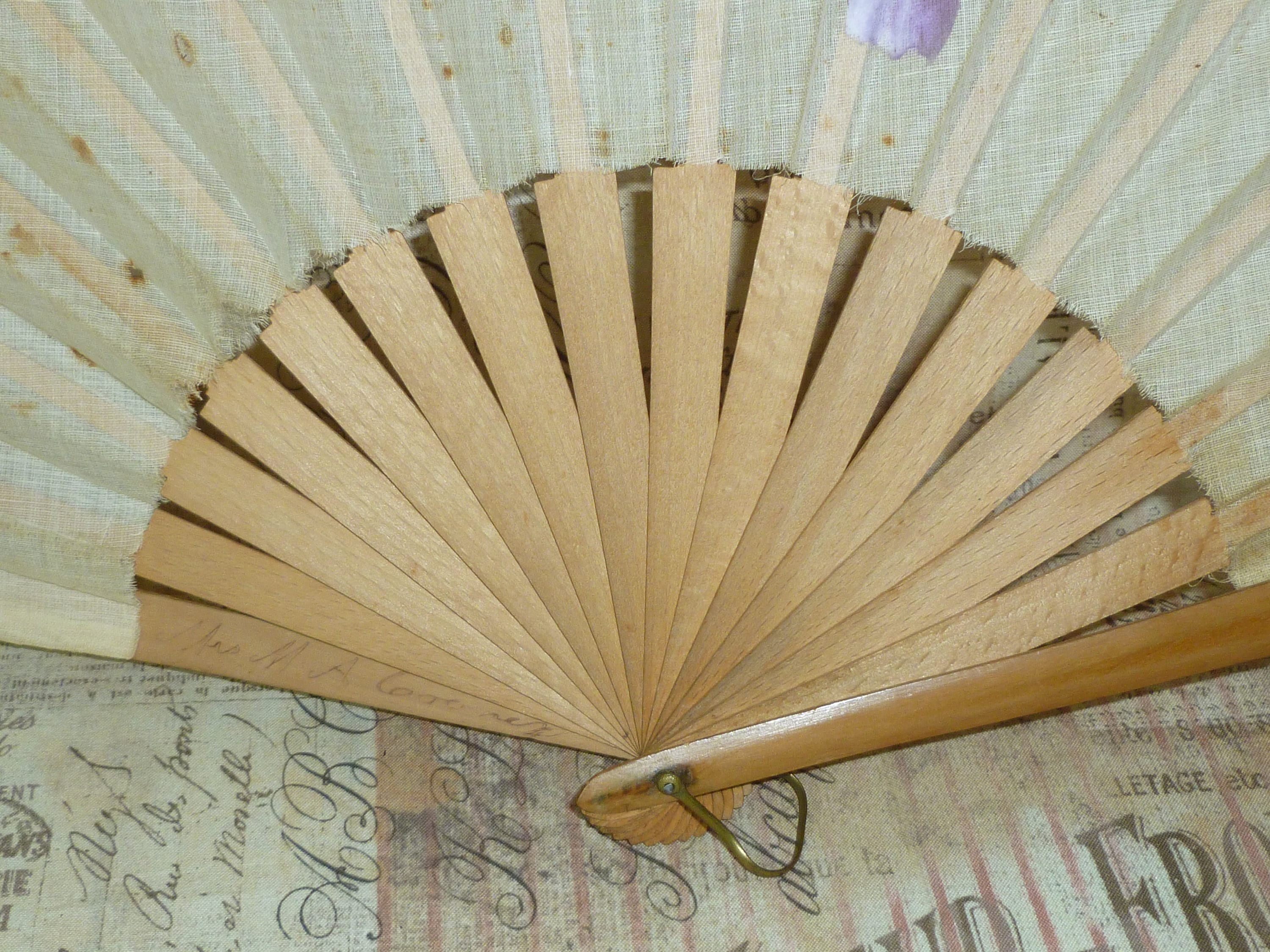 Antique Vintage Hand Painted Fan-cotton Linen- Flowers Folding Fan ...