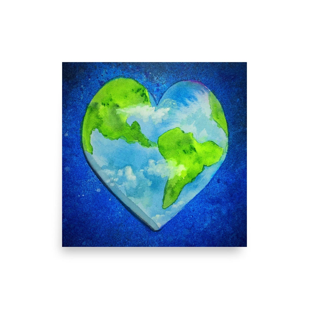 Earth Heart Watercolor Print Blue & Green Cosmic Love Bright World ...