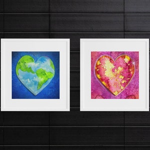 Earth Heart Watercolor Print Blue & Green Cosmic Love Bright World ...