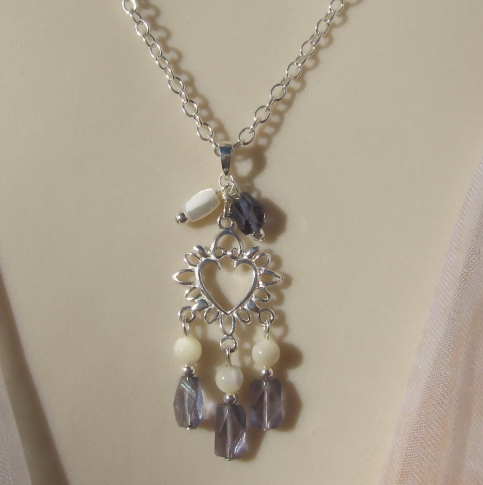 Iolite Mother of Pearl Cluster Heart Pendant Necklace, Water Sapphire ...