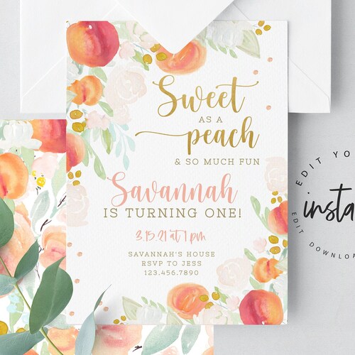 Editable Peach Birthday Invitation One Sweet Peach First - Etsy
