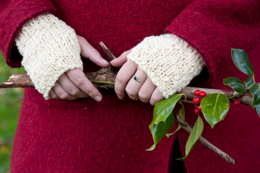 Hand-knitted Mittens / Fingerless Gloves - Organic Wool - White - Etsy