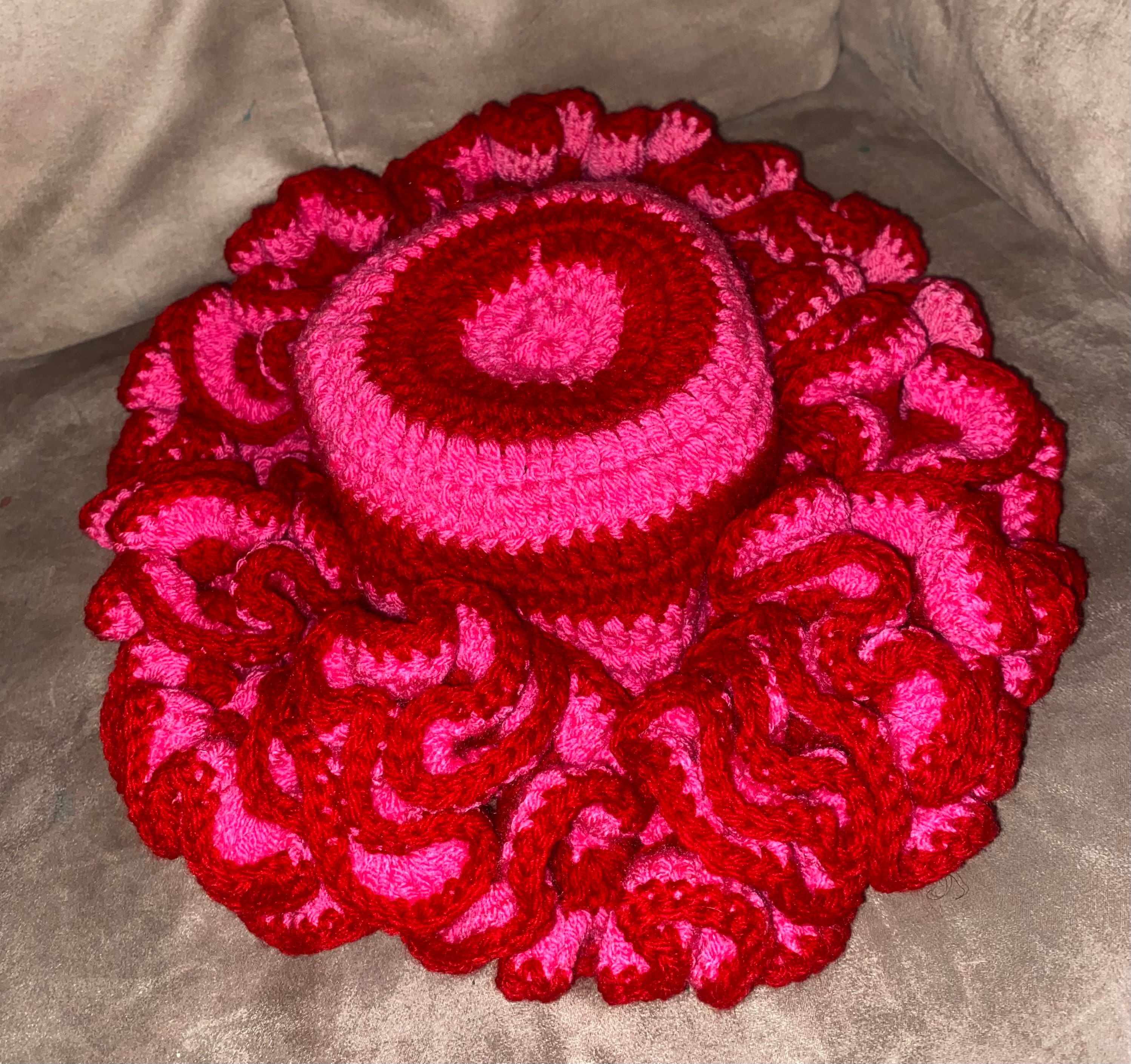 Pink & Red Crochet Ruffle Hat - Etsy