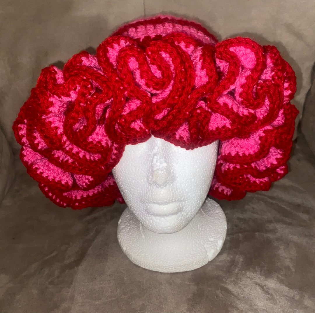 Pink & Red Crochet Ruffle Hat - Etsy