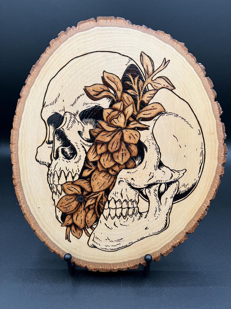 Floral Split Skull Wood Burning Art - Etsy