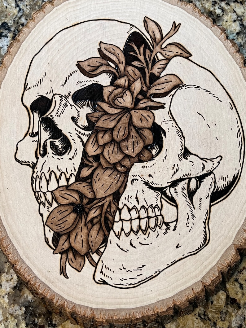 Floral Split Skull Wood Burning Art - Etsy