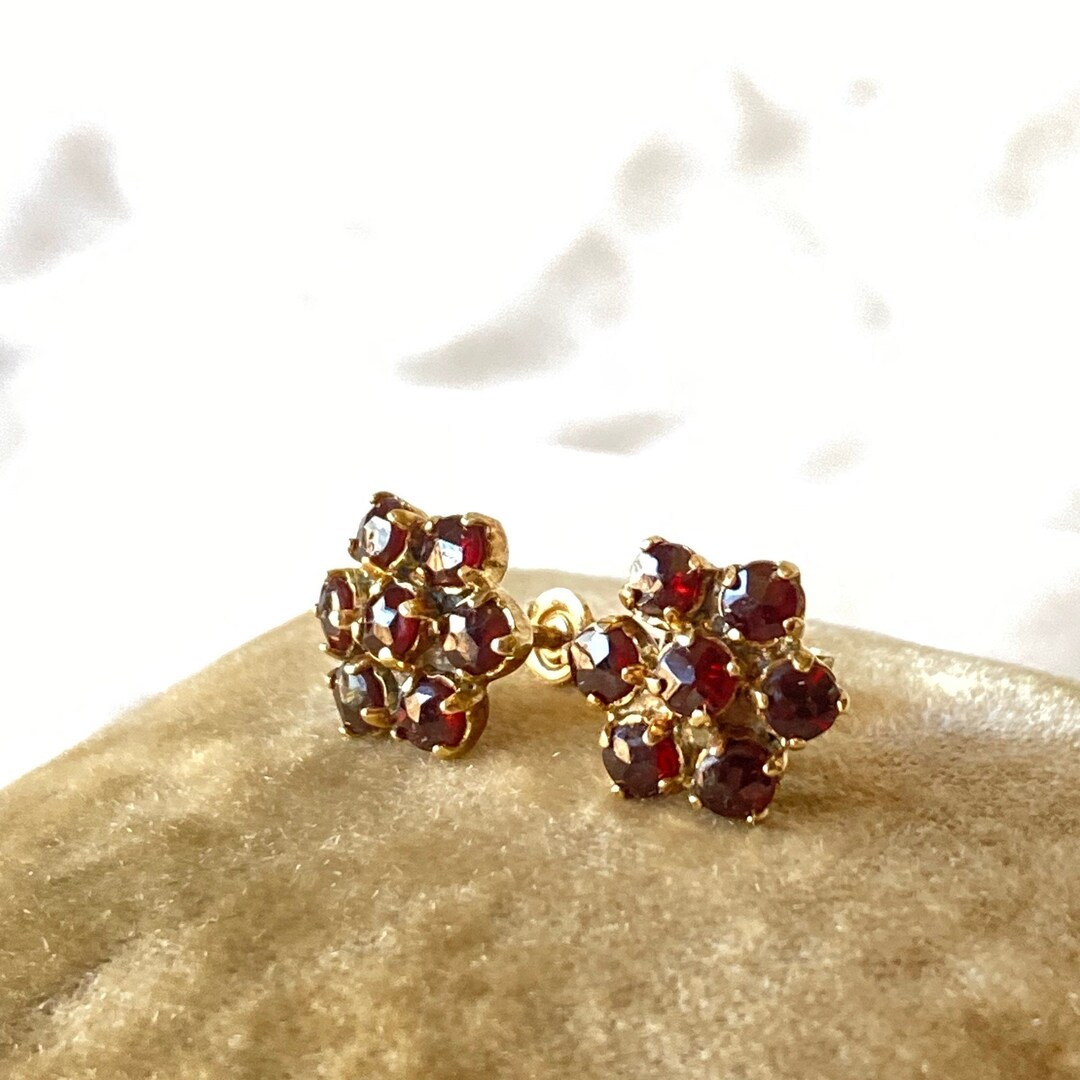 14K Red Paste Glass Gem Rose Cut Cluster Earrings Pierced 585 Studs - Etsy