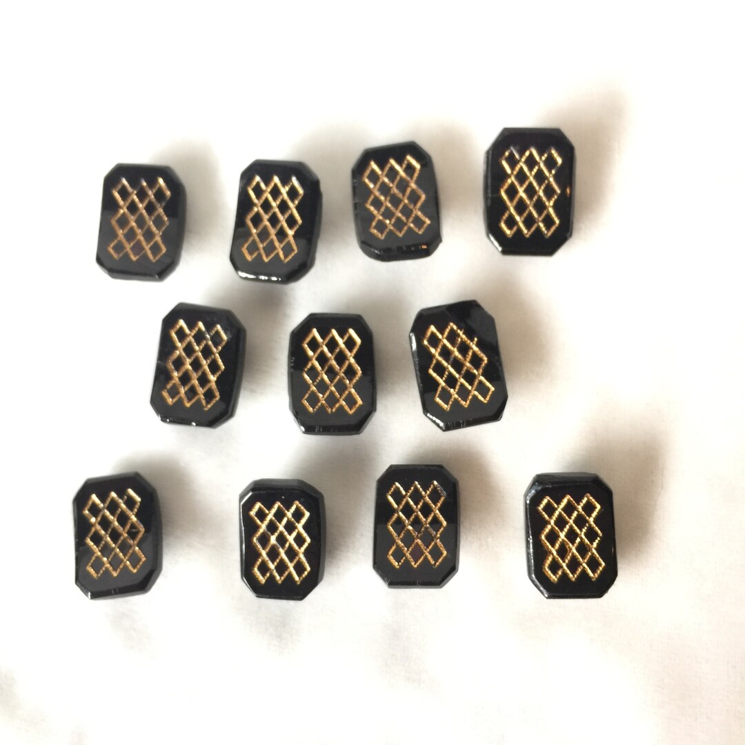 Black Gold Diamond Pattern Glass Eleven Buttons Rectangular Edwardian ...