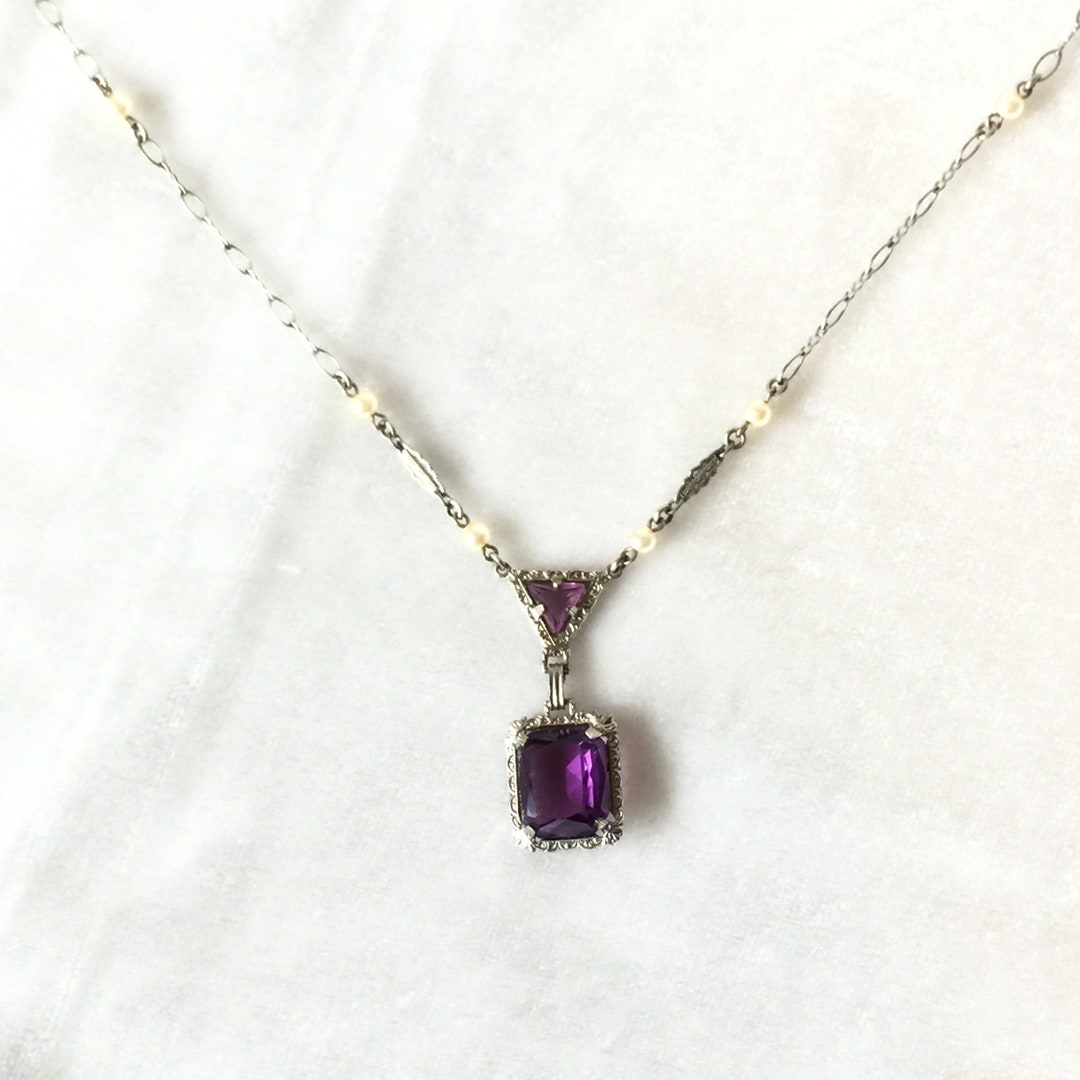 Edwardian Paste Gem Amethyst Style Necklace Pearls Silver Tone - Etsy