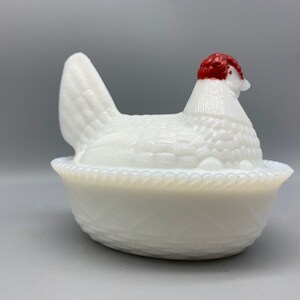 Milk Glass Hen on Nest Candy Dish HON, Red Painted Details, Vintage ...