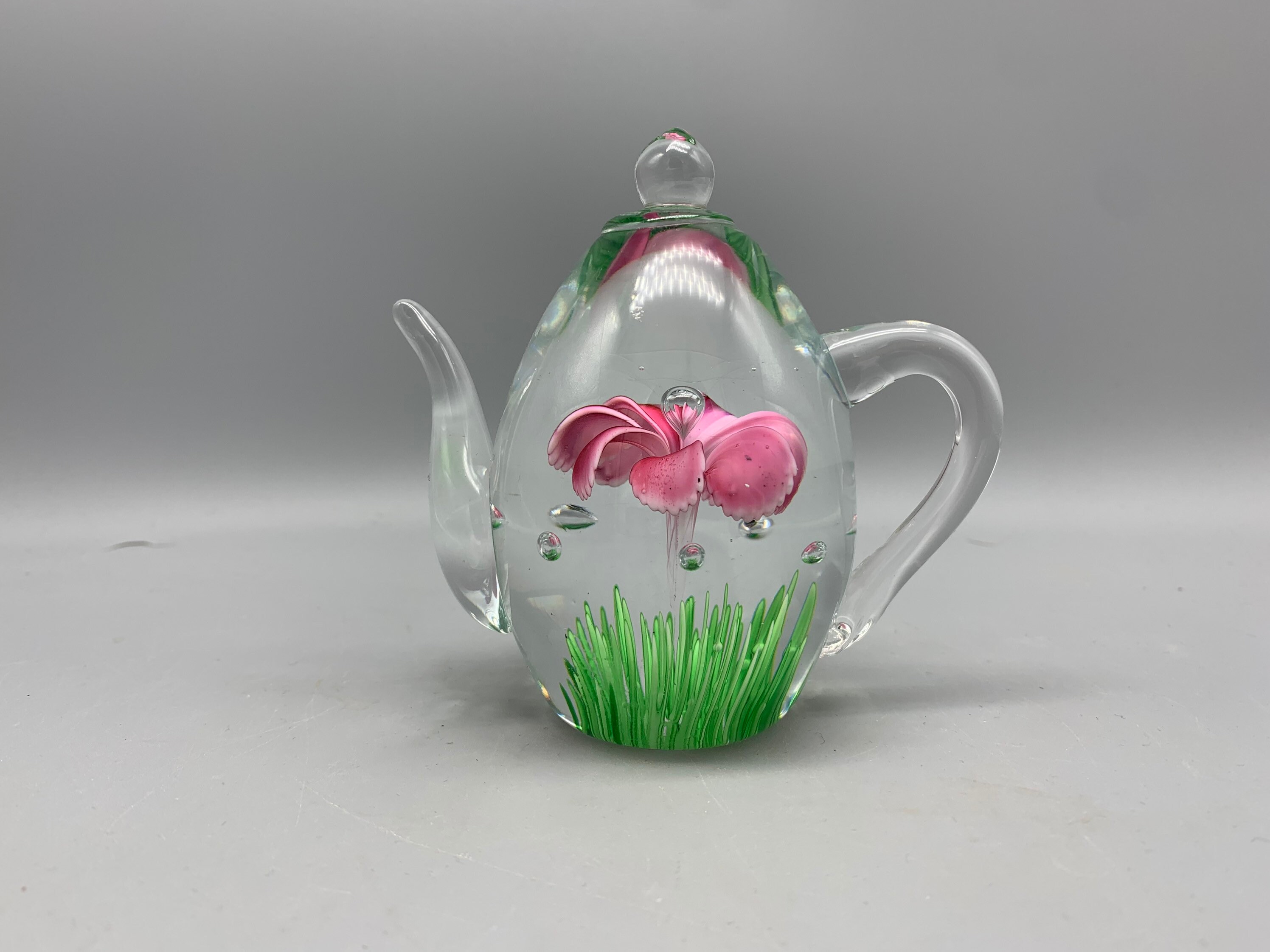 Egg Teapot Shaped Paperweight With Pink Flower and Grass With ...