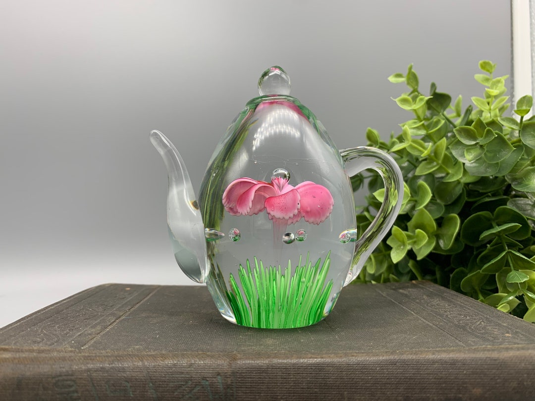 Egg Teapot Shaped Paperweight With Pink Flower and Grass With ...