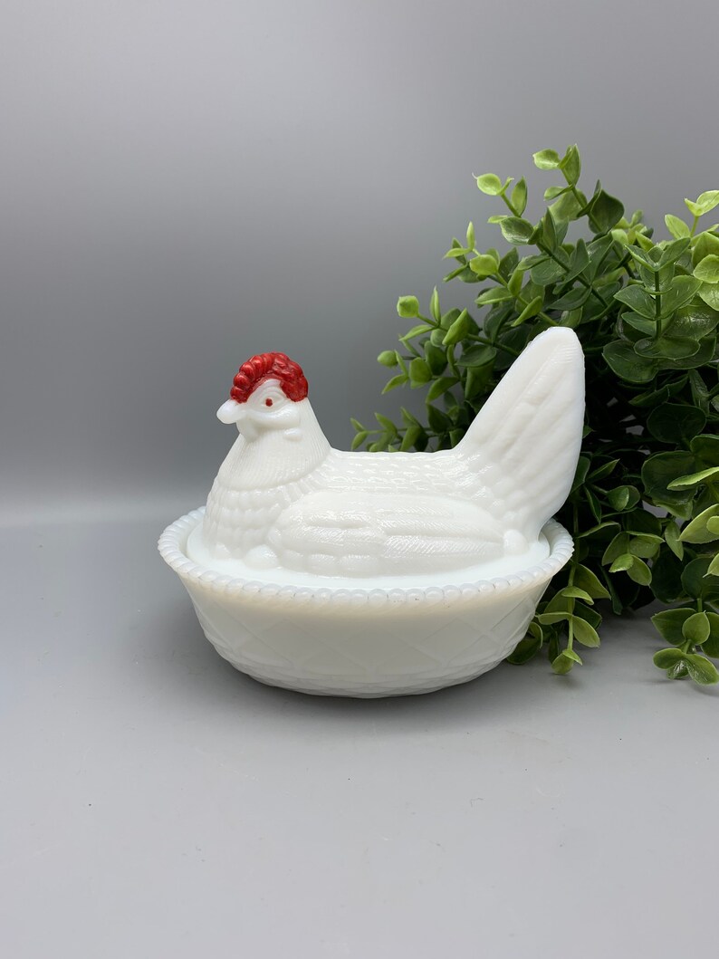 Milk Glass Hen on Nest Candy Dish HON, Red Painted Details, Vintage ...