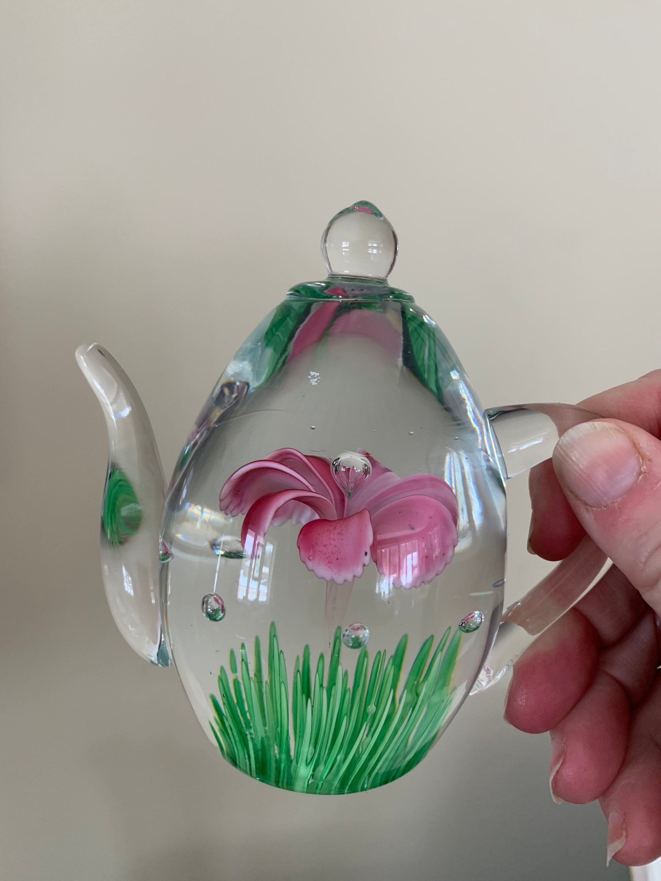 Egg Teapot Shaped Paperweight With Pink Flower and Grass With ...