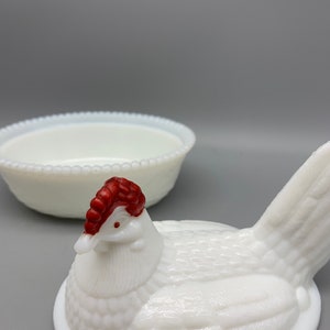 Milk Glass Hen on Nest Candy Dish HON, Red Painted Details, Vintage ...