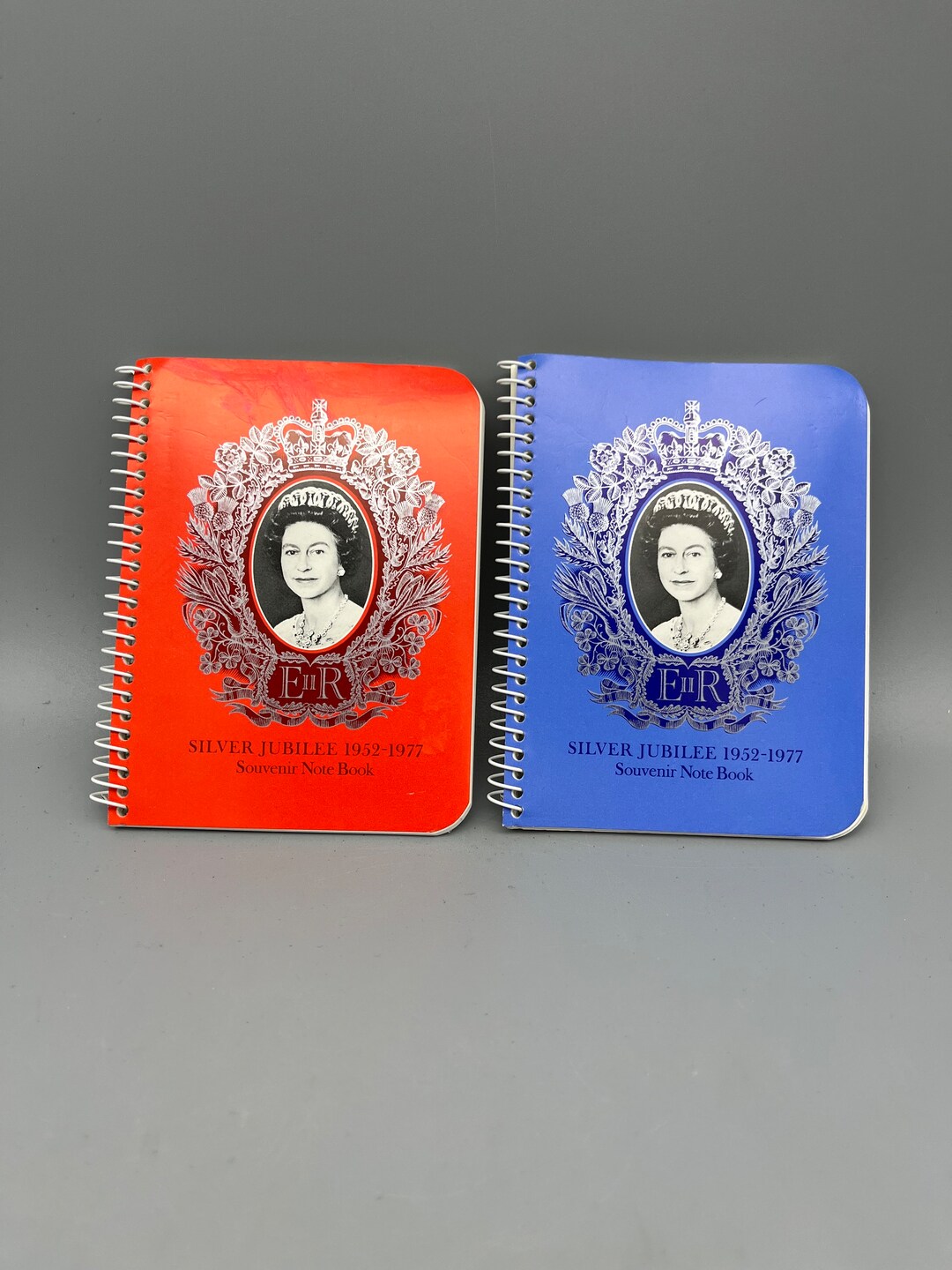 Silver Jubilee 1952-1977 Queen Elizabeth 2 Souvenir Note Book, Spiral, Pair of Red Blue ...