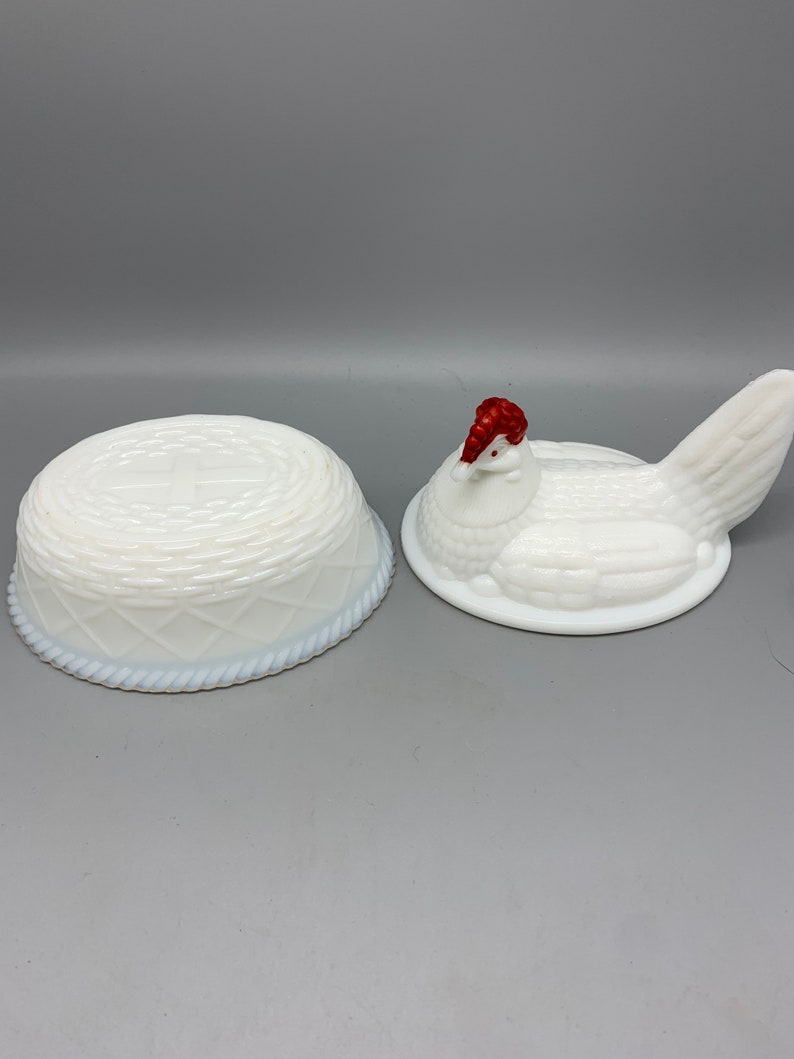 Milk Glass Hen on Nest Candy Dish HON, Red Painted Details, Vintage ...