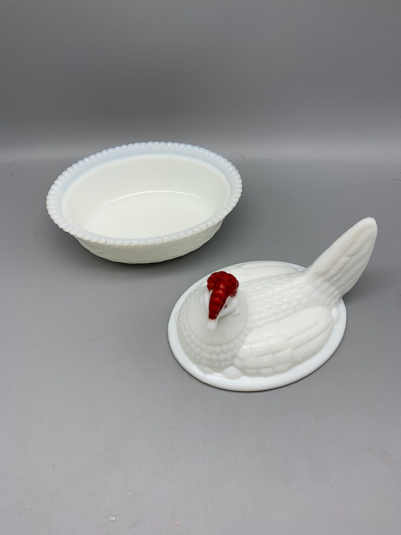 Milk Glass Hen on Nest Candy Dish HON, Red Painted Details, Vintage ...