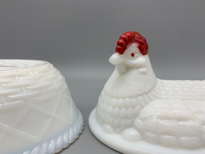 Milk Glass Hen on Nest Candy Dish HON, Red Painted Details, Vintage ...