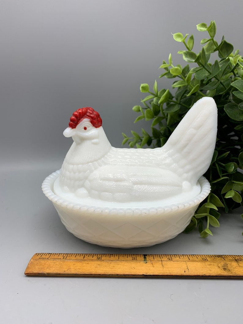 Milk Glass Hen on Nest Candy Dish HON, Red Painted Details, Vintage ...