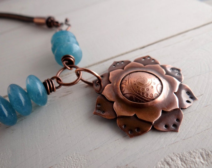 Copper Lotus Flower Pendant With Sky Blue Quartz Gemstones on Leather ...